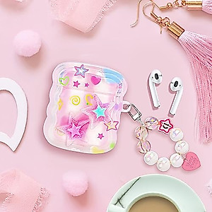 Cute AirPods Case with Love Pendant Colorful Round Bead Keychain, Glitter 3D Stars Design Soft Protective Cover Compatiable with AirPods 2nd & 1st Generation Case