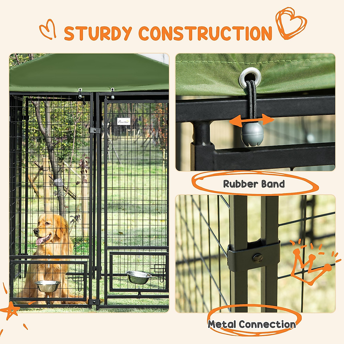 PawHut 8' x 4' x 6' Outdoor Dog Kennel with Rotating Bowl Holders, Walk-in Pet Playpen, Welded Wire Steel with Water and UV-Resistant Canopy, Green