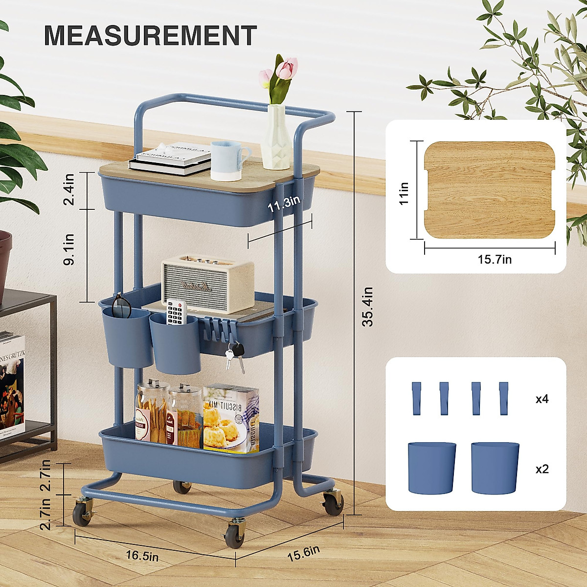 DTK 3 Tier Utility Cart with Cover Board, Rolling Cart with Lockable Wheels, Cups, Hooks for Home Office, Art Craft Storage, Home School Organization and More Uses(Blue)