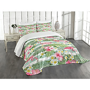 Ambesonne Flamingo Bedspread Set, Flamingos with Exotic Hawaiian Leaves Flowers on Striped Vintage Background, 3 Piece Decorative Bedding Coverlet and 2 Pillow Shams, King Size, Green Pink White