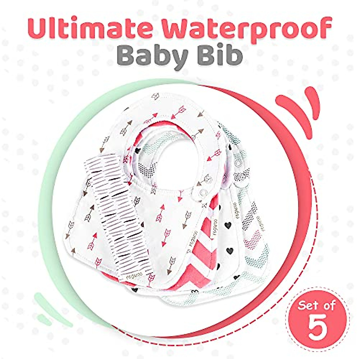 Regaroo - All-Around Waterproof Cotton-Lined Baby Bibs, Baby Essentials for Baby Clothes Protection, Unisex Baby Stuff, Baby Products, Bright and Fancy (5-Pack)