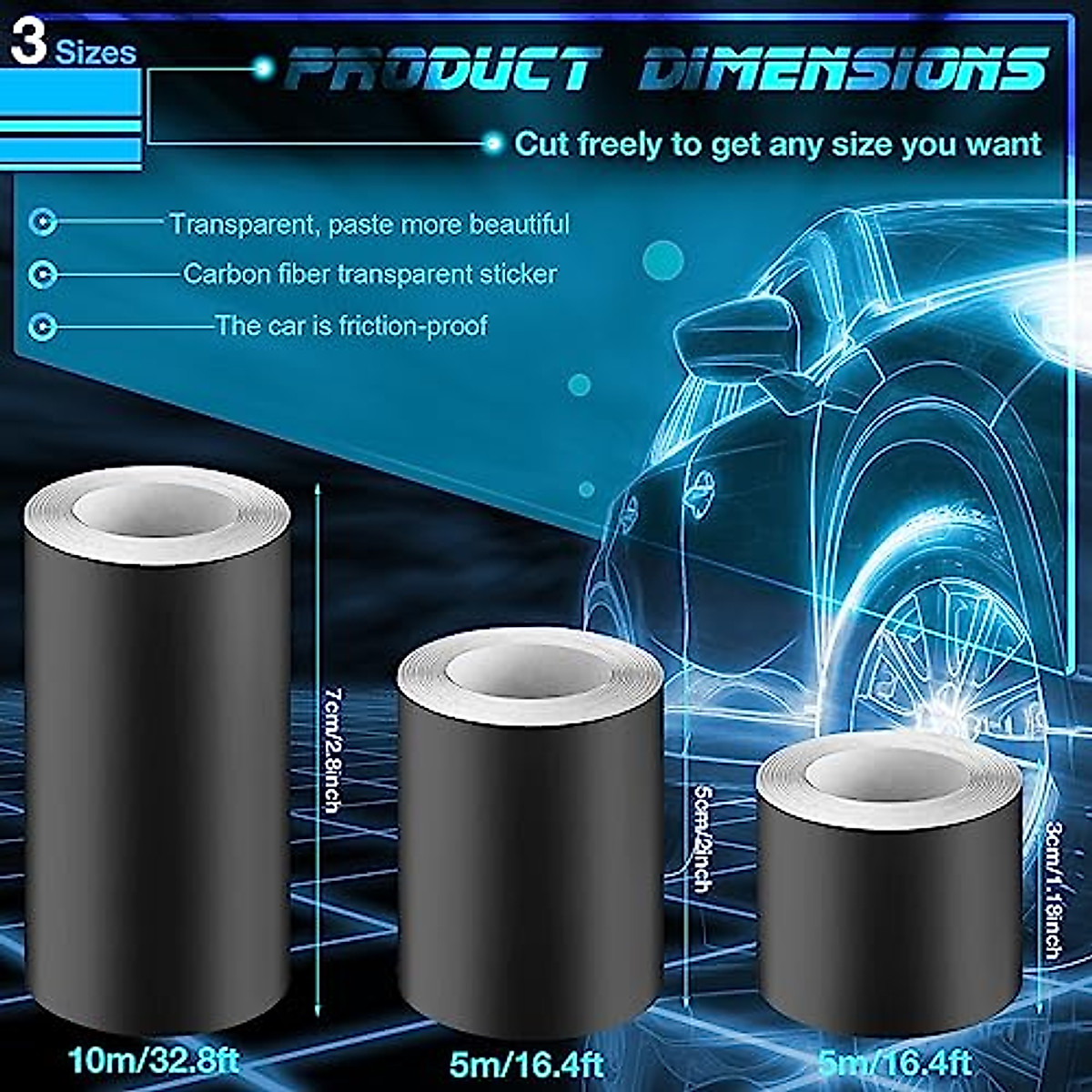 Marsui 3 Rolls 67 ft Matte Black Vinyl Wrap for Car, Includes Matte Adhesive Vinyl Tape for Chrome Delete, Window & Door Protection(2.8" x 32.8Ft, 2" x 16.4Ft, 2" x 16.4Ft)