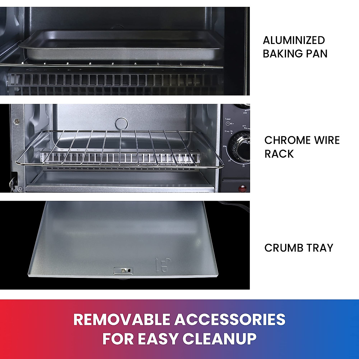 Total Chef Toaster Oven 4 Slice Small Compact Kitchen Appliance Pizza Bake Toast Rost Broil Bread toaster auto shutoff Crumble tray Natural Convection Countertop Black And Stainless Steel