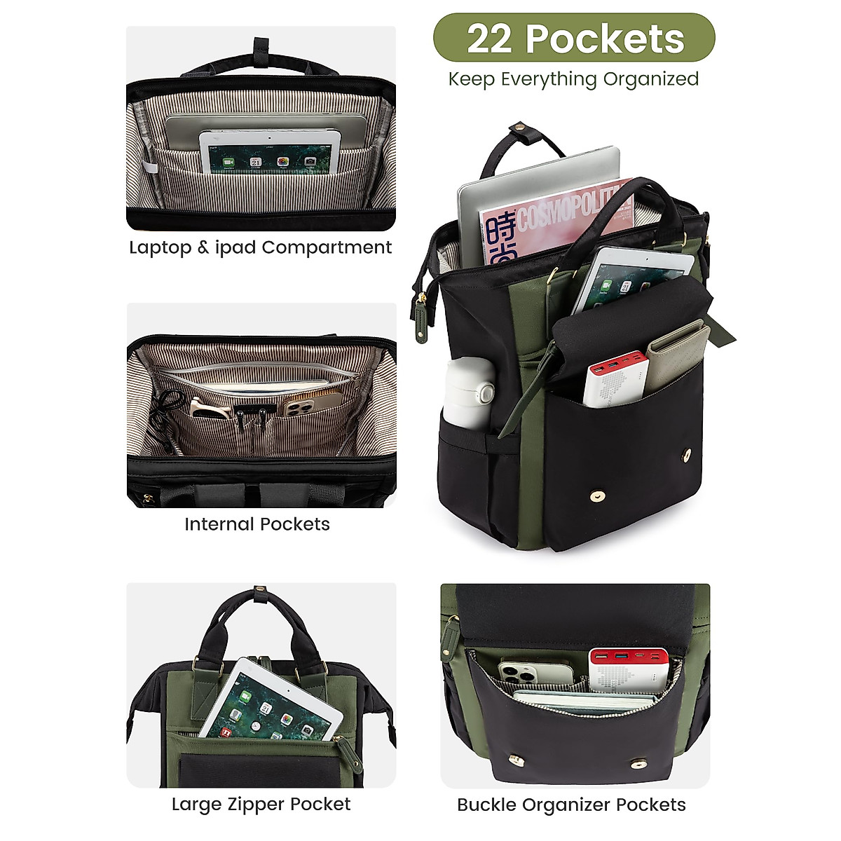 LOVEVOOK Laptop Backpack for Women Work Travel Backpack Purse, Nurse Bags Teacher Doctor Commuter Business Computer Bag, College Backpack Stylish Daypack, 15.6 Inch, Black-army green-army green