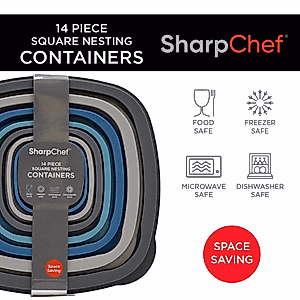 SharpChef 14Pc Square Plastic Food Storage Container Set, Stackable, Nesting, Airtight Leak-proof Lids, Microwavable, Freezer and Dishwasher Safe, Meal Prep, Lunch Bento boxes (Blue Ombre - 1 Pack)