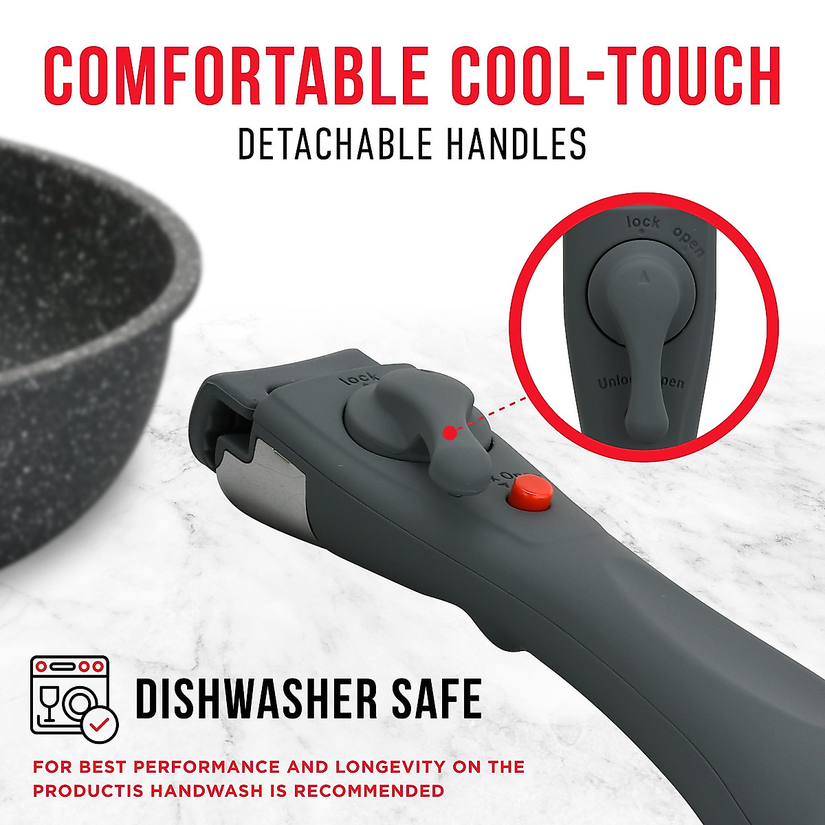 Bakken 15-Piece Non-Stick Cookware Set with Detachable Handles – Granite Stackable Pots and Pans Set, Dishwasher Safe, Oven-Safe, and Compatible Kitchen Essential for All Stoves – Black Granite.