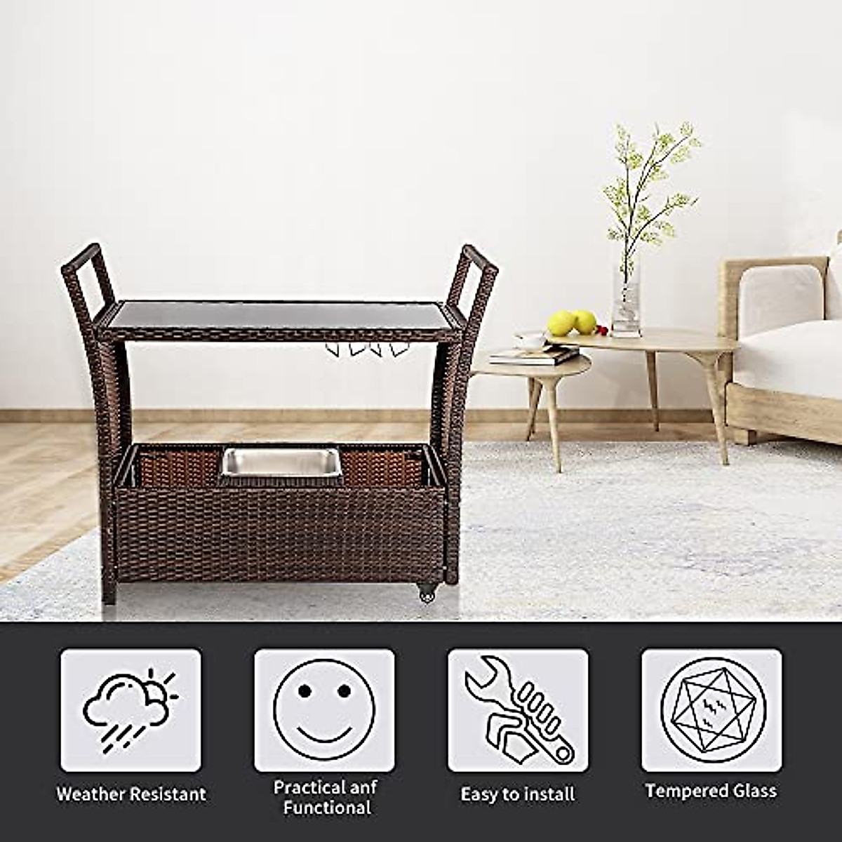 Thick Outdoor Patio Furniture Set Outdoor Patio Wicker Rattan Serving Bar Cart with Ice Bucket Wine Rack Brown