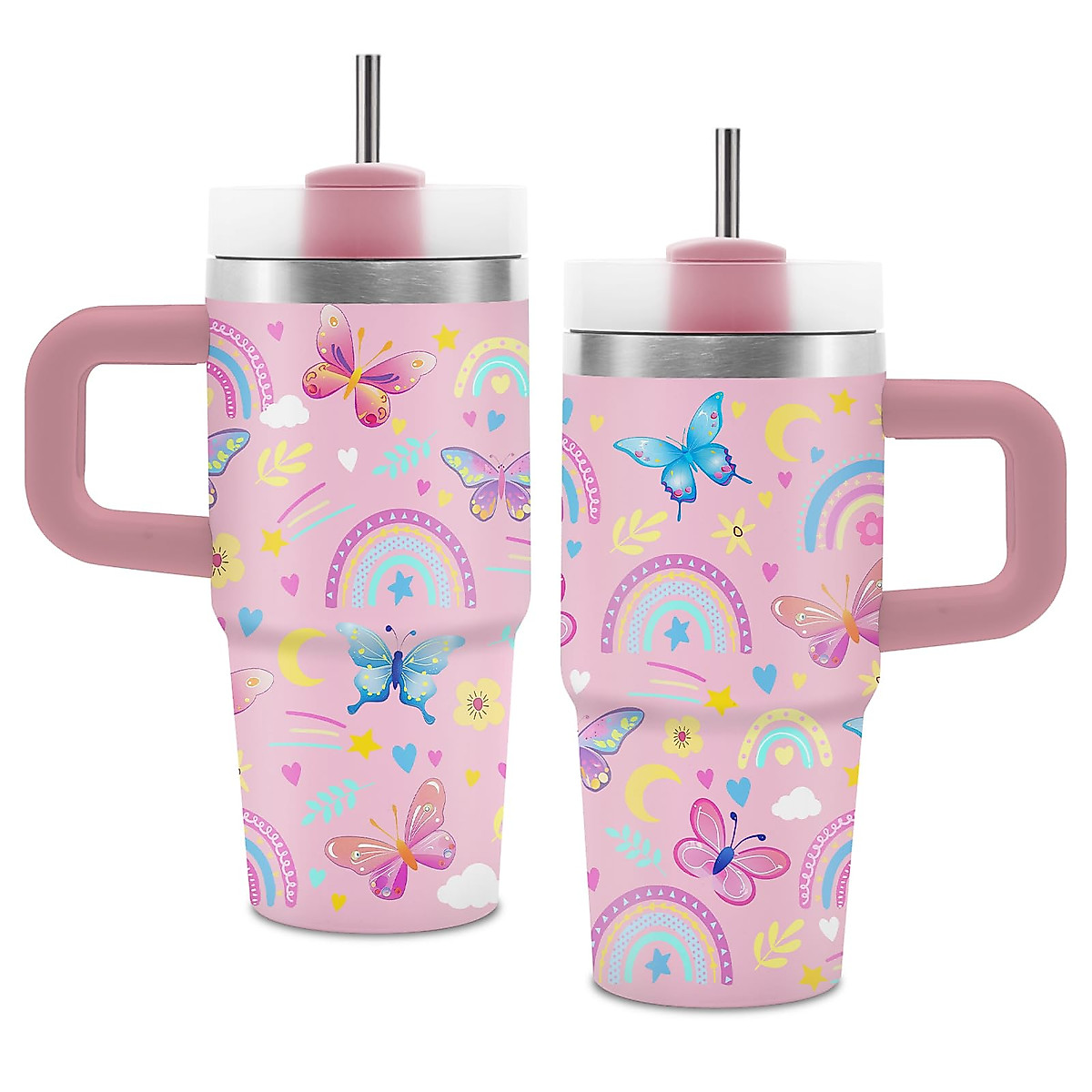 Butterfly Gifts for Girls, Rainbow Tumbler with Handle and Straw for Kids 14 oz, Birthday Gifts for Butterfly Lovers Girls, Insulated Stainless Steel Travel Mug for Toddlers