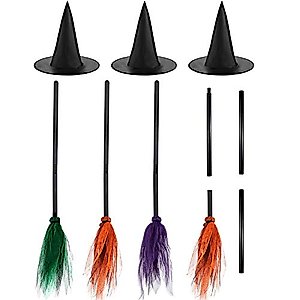 Sumind 3 Pieces Halloween Witch Broom Plastic Witch Broomstick Broom Props Witch Broom Party Decoration with 3 Pieces Witch Hat for Halloween Costume Party