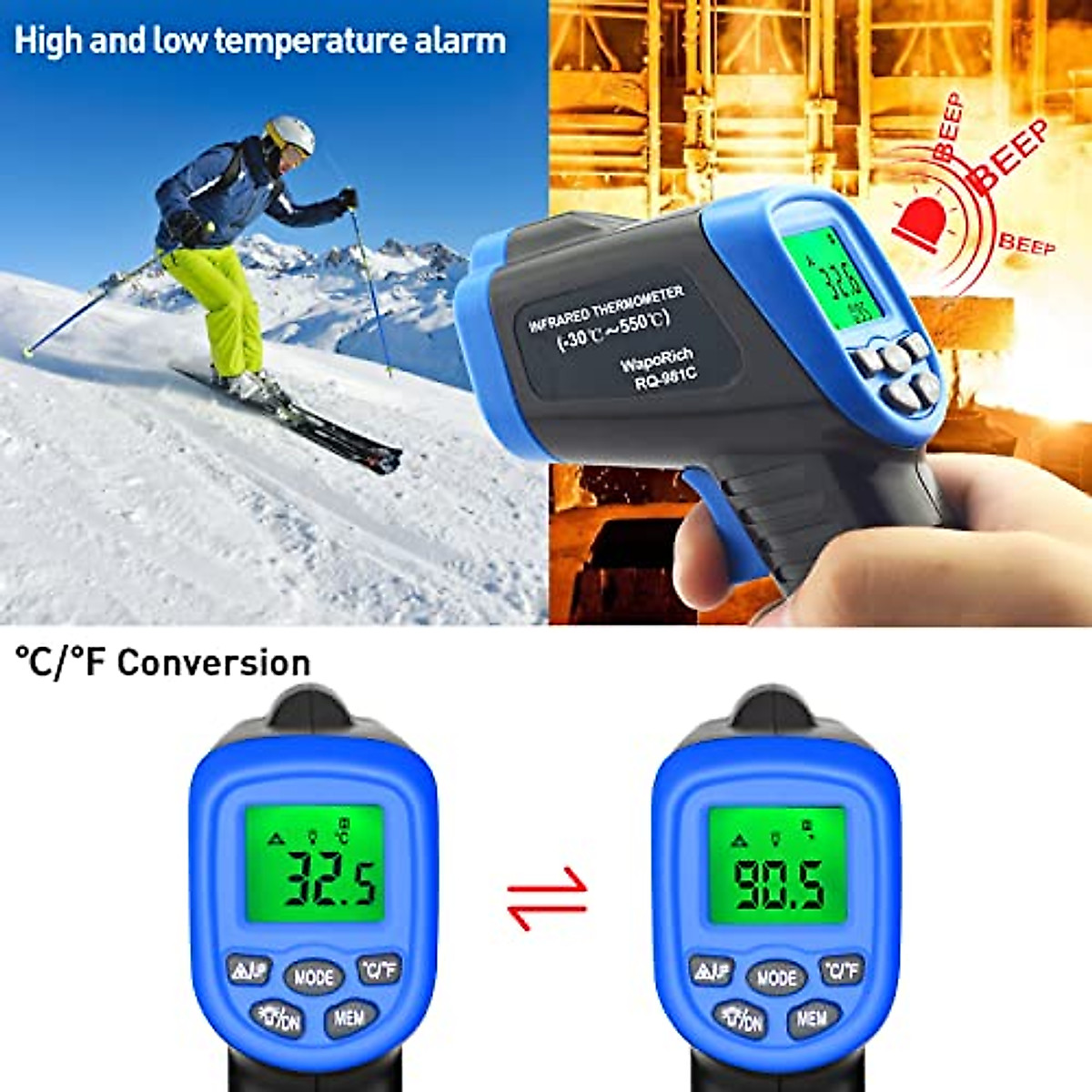 Infrared Thermometer Digital Laser Thermometer RQ-981C, Non-Contact Digital Infrared Thermometer from -50℃ to 550℃(-58 to1022℉) Come with LCD Back-Light, Data Hold for Industrial (Not for Human)