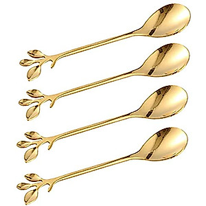 6pcs Stainless Steel Gold Leaf Coffee Spoon Creative Tableware Dessert Spoons,Tea Sugar Spoons Spoon Set for Ice Cream or Cake, Tea Spoon Set (Gold, 6)