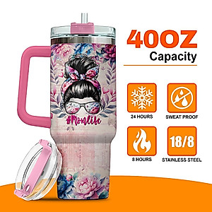 99WHALE To Rose Handle Parade For Steel Flower Mommy Eleven Momma Mama Funny, Mom Gifts, Mom Life Messy Bun Floral Nutrition Facts, Tumbler 40 Oz With Handle Lid And Straw
