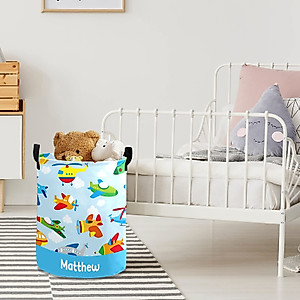 Personalized Laundry Basket Hamper,Airplane Blue Clouds,Collapsible Storage Baskets with Handles for Kids Room,Clothes, Nursery Decor