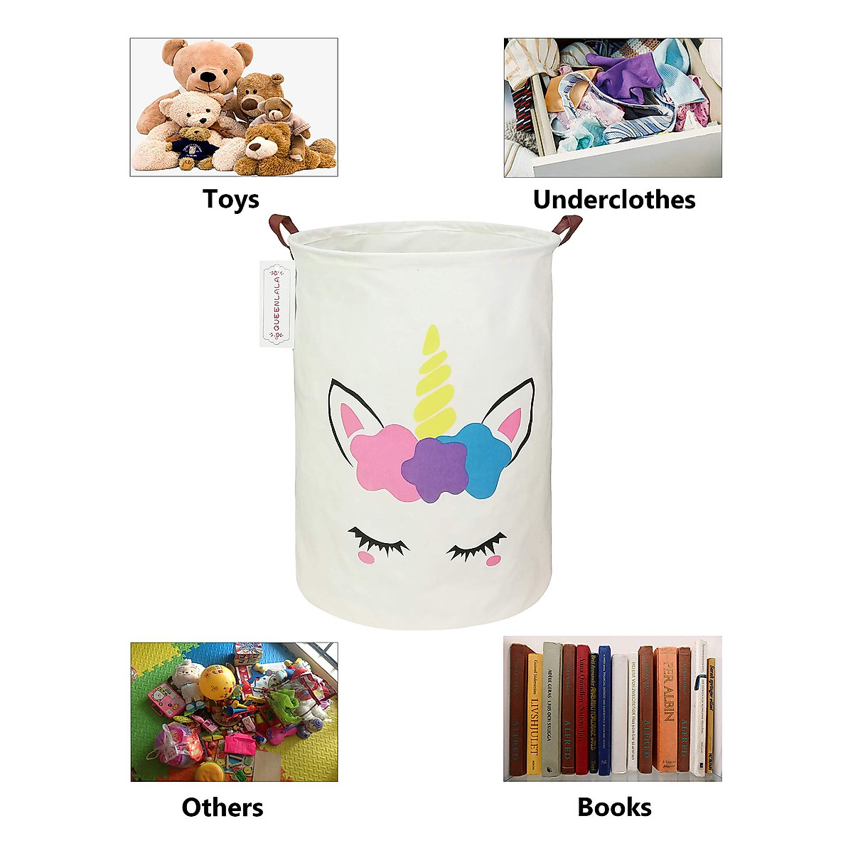 QUEENLALA Large Storage Basket,Laundry Hamper/Bathroom/Home Decor/Collapsible Round Storage Bin,Boys and Girls Hamper/Boxes/Clothing（Golden Unicorn）