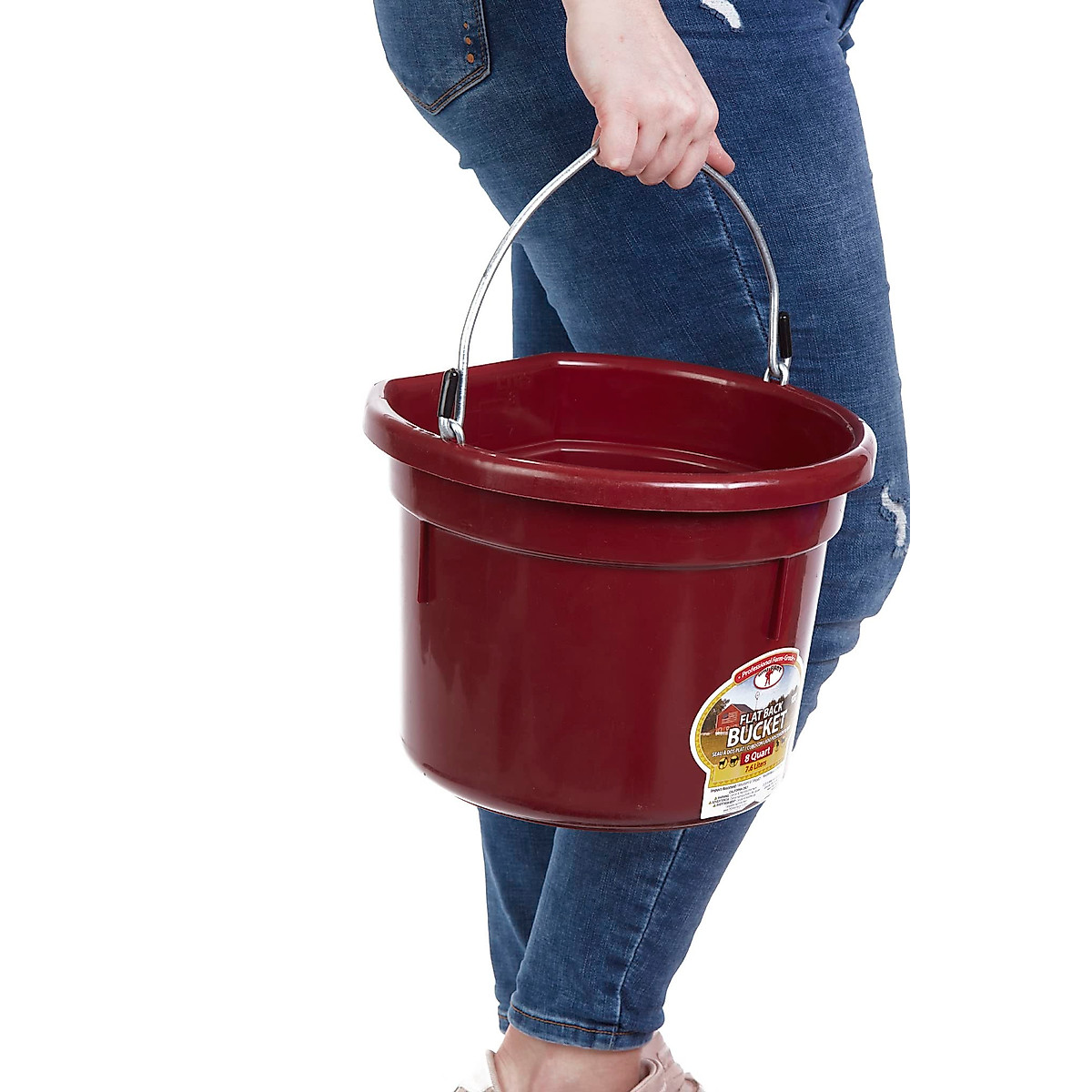 Little Giant® Flat Back Plastic Animal Feed Bucket | Animal Feed Bucket with Metal Handle | Horse Feed & Water Bucket | 8 Quarts | Burgundy