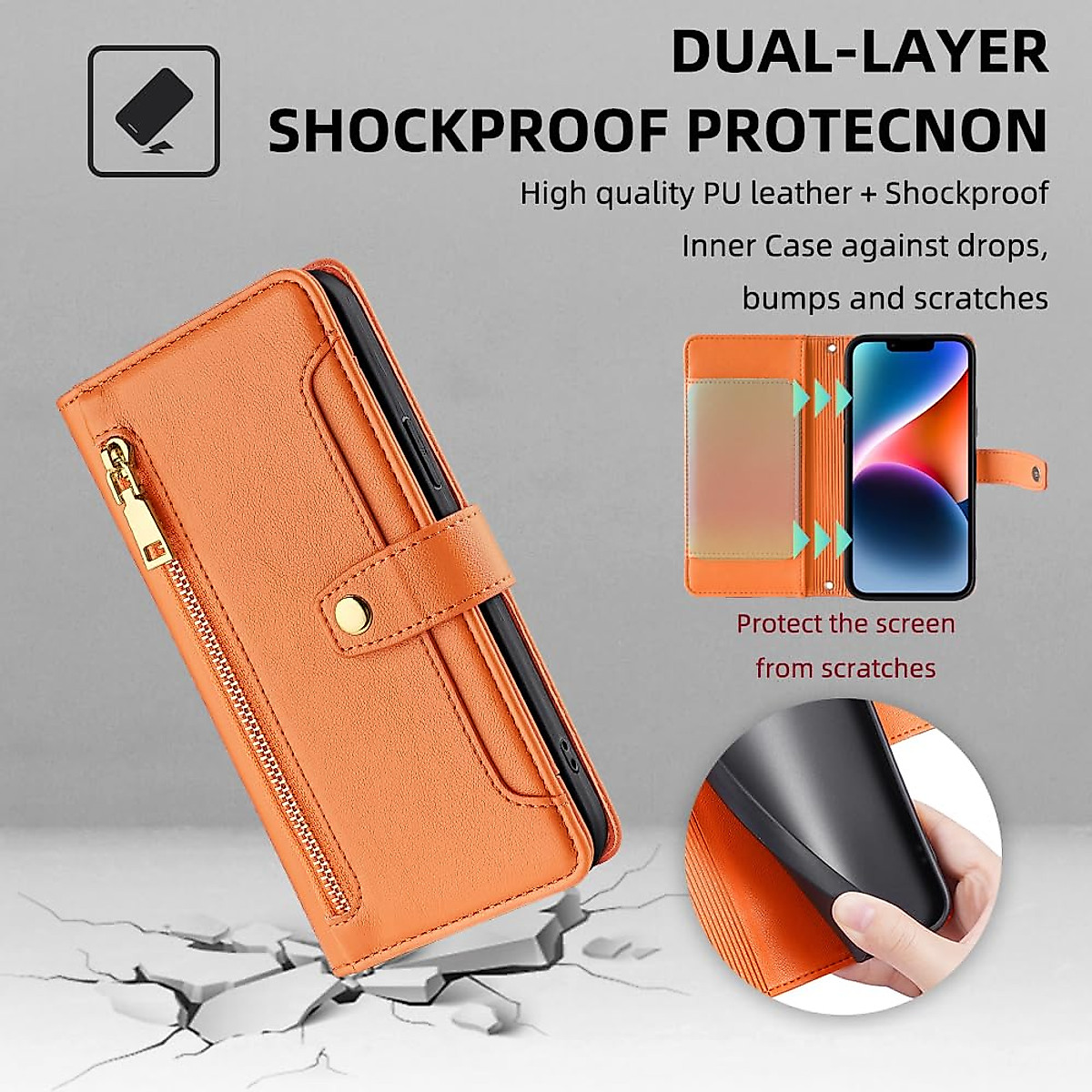 Arseaiy Wallet Case for Honor V20/view 20 Flip Phone Case with Crossbody Strap Magnetic Handbag Zipper Pocket PU Leather Shockproof with Kickstand Phone Shell Orange