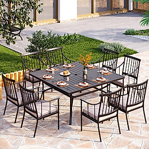 PHI VILLA 9 Pieces Outdoor Dining Table Set for 8, 60” Square Wrought Iron Dining Table & Heavy-Duty Steel Dining Chairs with Cushions, Large Dining Furniture Set for Patio, Deck, Yard, Porch