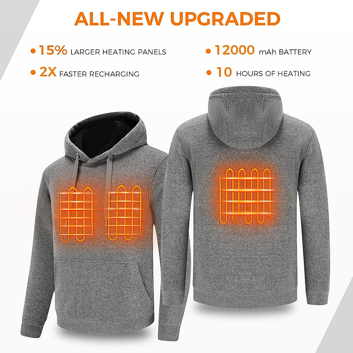 HENNCHEE Heated Hoodies for Men Women with Battery Pack, Heated Pullover Sweatshirt Unisex Hoodies Heating Jacket(Gray, Large)