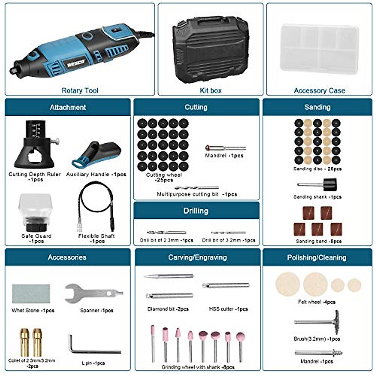 WESCO Rotary Tool Kit, 7 Variable Speeds 8000-35000RPM,Flexible Shaft, 82 Accessories, Rotary Multi-Tool for Cutting, Carving, Engraving, Polishing, and Detail Sanding DIY Project