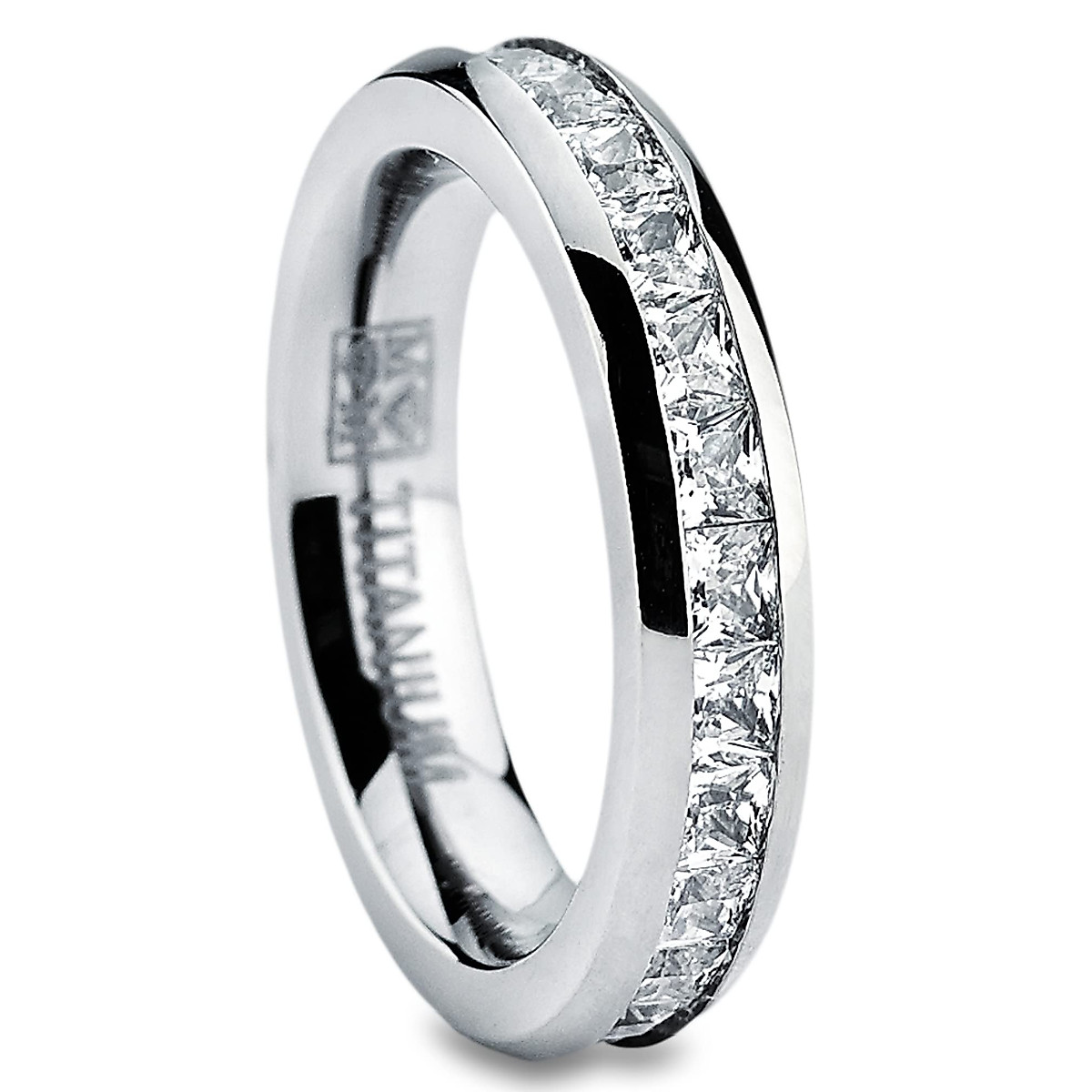 Metal Masters 3MM High Polish Princess Cut Ladies Eternity Titanium Ring Wedding Band with Cubic Zirconia CZ Size 10