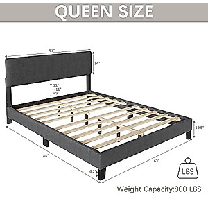 Fluest Queen Bed Frame Upholstered Bed Frame Platform with Adjustable Headboard Linen Fabric Headboard Wooden Slats Support/No Box Spring Needed/Easy Assembly/Mattress Foundation, Grey