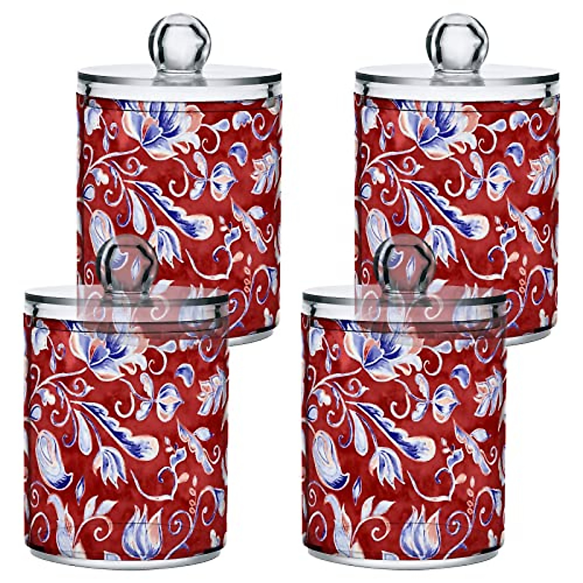 Plastic Jars with Lids,Blue Tulips Paisley Floral Lily and Red Leaves Bulk Pack Storage Containers Wide Mouth Airtight Canister Jar for Kitchen Bathroom Farmhouse Makeup Countertop Household,Set 2