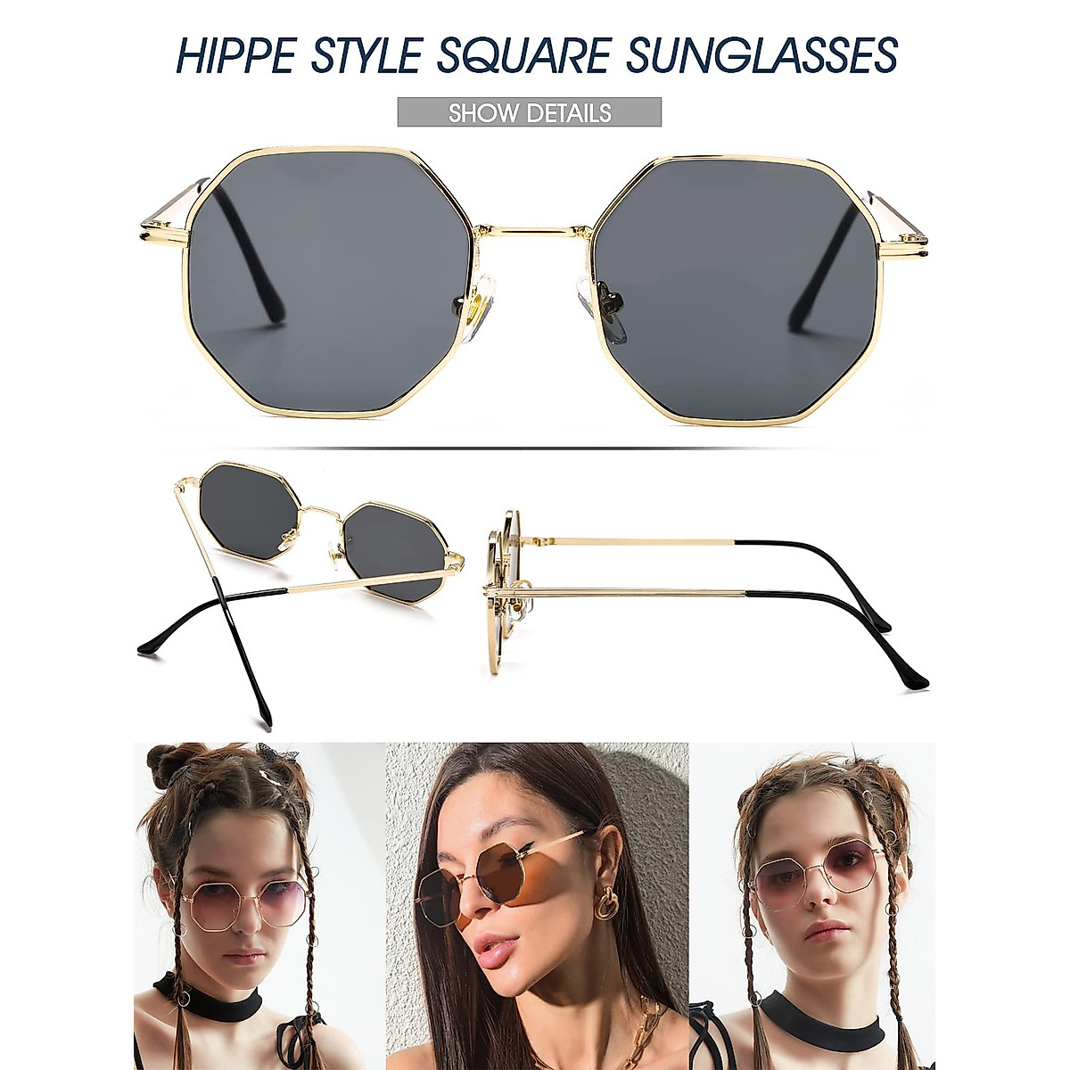 PORADAY Square Sunglasses for Women Men Retro Octagon Metal Sun Glasses Vintage Polygon Shades (Gold/Gray)