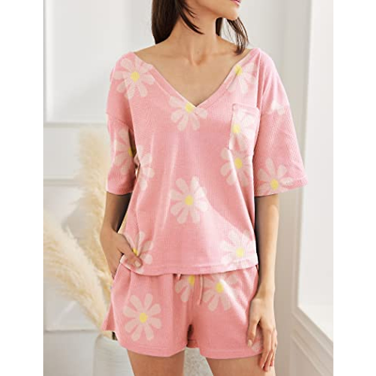 Ekouaer Women Lounge Set Waffle Short Sleeve Pajamas Set Two Pieces Loungewear Cute Nightwear Pink S