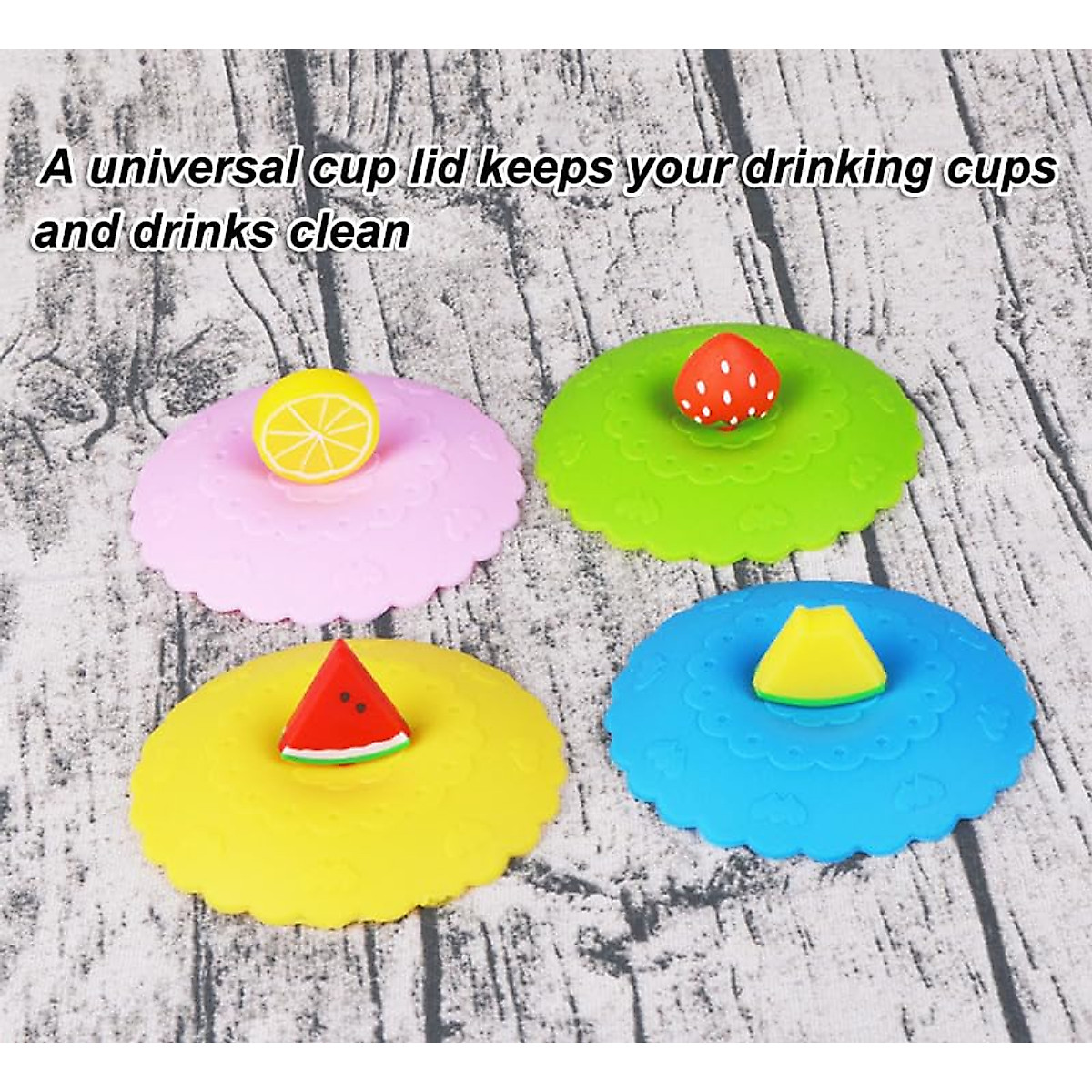 AKOAK 4 Pcs Lovely Fruit Lace Pattern Silicone Cup Lid, Creative Sealing Leakproof Glass Cup Lid Coffee Cup Suction Lid