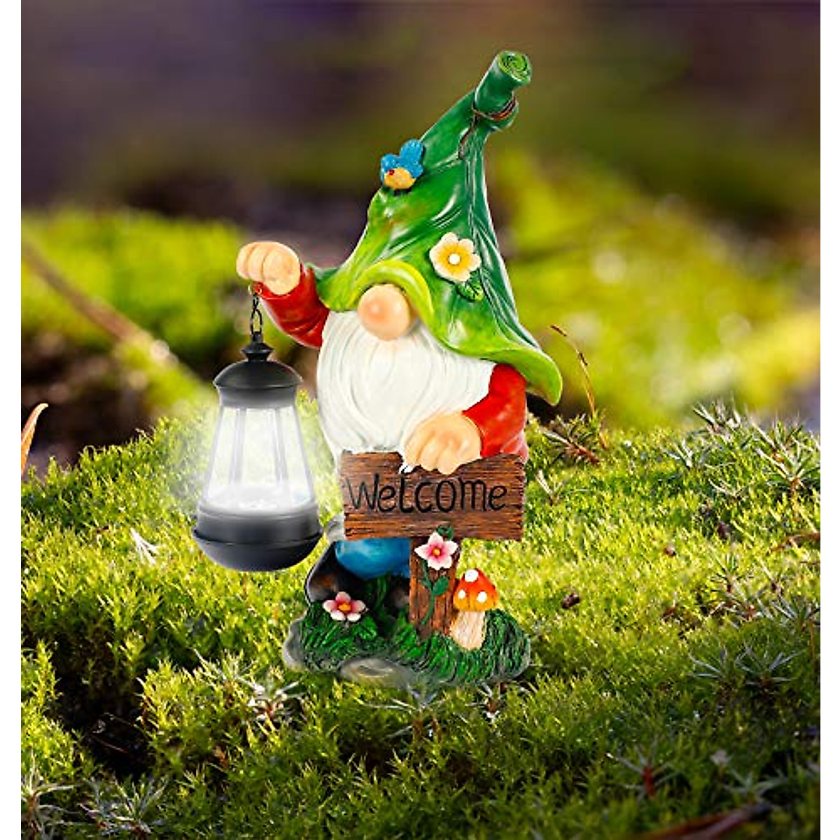 WOGOON Garden Gnome Statue, Resin Figurine with Bright Solar Lantern Lights and Welcome Sign, Outdoor Solar-Powered Illumination Yard Art Decorations for Indoor Outdoor Patio Lawn Garden Room