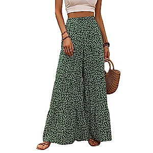 MakeMeChic Women's Floral High Waisted Ruffle Wide Leg Pants Boho Summer Beach Palazzo Pants Green L
