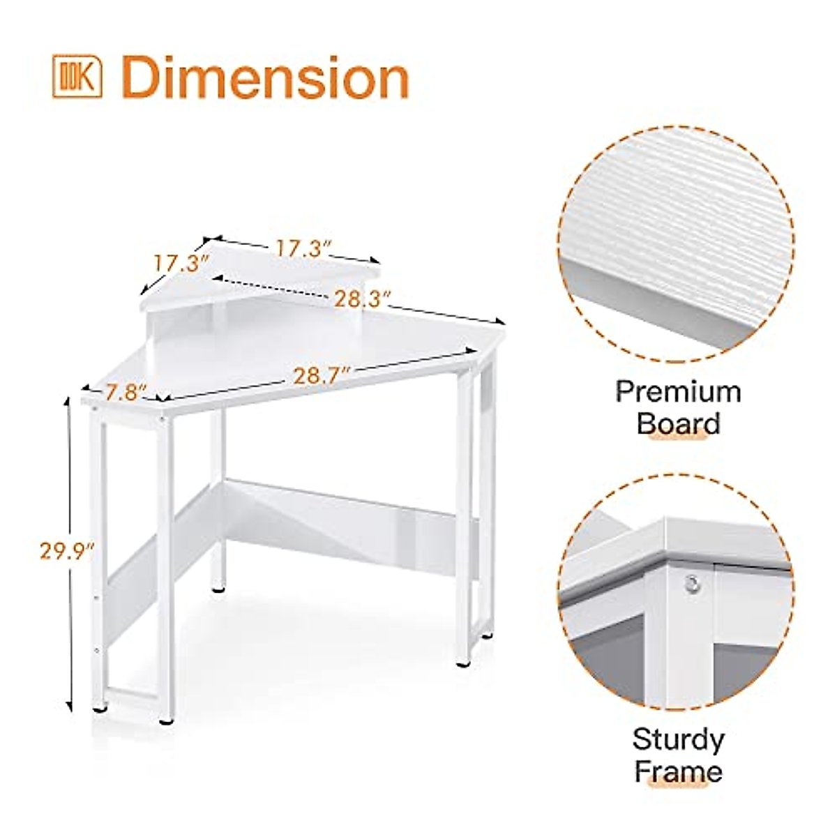 ODK Corner Desk Space Saving Small Desk with Sturdy Steel Frame, Computer Desk with Monitor Stand for Small Space, Easy Assembly Triangle Vanity Desk with Durable Wooden Desktop (White)
