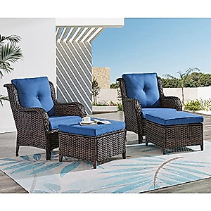 HUMMUH Outdoor Ottomans for Patio Set of 2 PE Wicker Steel Frame Outdoor Footstool for Patio, Backyard, Additional Seating, Side Tables with Removable Weather-Resistant Cushions