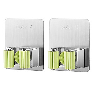 Mop Broom Stainless Steel Holder, Wall Mount Storage Cleaning Tools Organizer for Laundry Garage Garden Bath Kitchen,Screws&Self Adhesive Mop Broom Storage Rack [2Pcs]