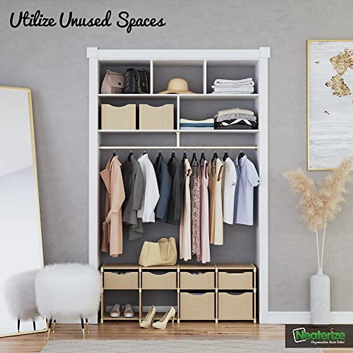 Closet Organizer and Storage Unit. Includes 8 Fabric Storage Bins. DIY Organizer Shelf For Clothes, Toys, Underhanging Closet Storage. Used in Closet, Hallway and Bedroom. (Beige)