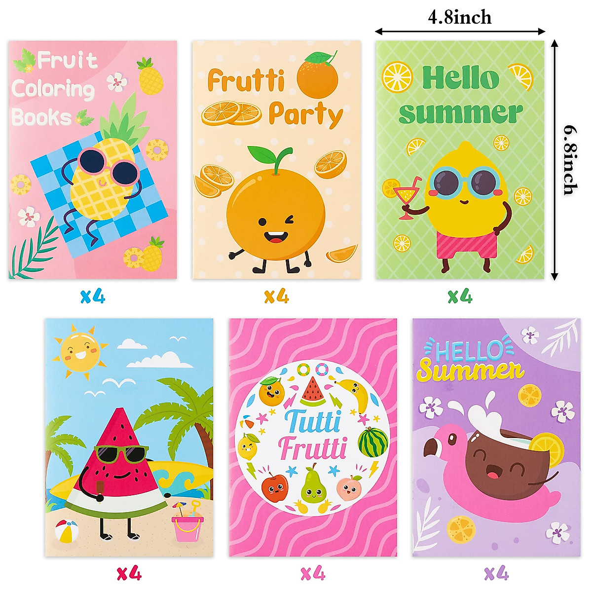 MALLMALL6 24Pcs Fruit Coloring Books with Watermelon Pineapple Lemon Banana Orange Coconut Tropical Frutti Art Patterns Summer Themed School Party Supplies Home Game Activity for Kids Girl Boy Age 4-8