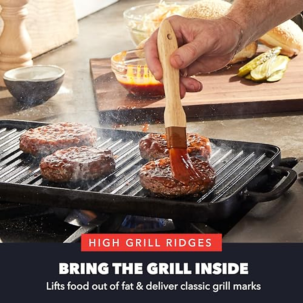 GreenPan x Bobby Flay Cast Iron Pre-Seasoned 11” Reversible Double Burner Rectangle Grill/Griddle, Helper Handles, Induction Suitable, Versatile Stovetop, Oven, BBQ & Fire, Indoor/Outdoor Use, Black