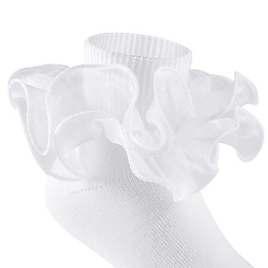 Yepami 3 Pairs Girls Ruffle Socks Big Double Lace Frilly Trim Dress Socks (White, Small, 2_years)