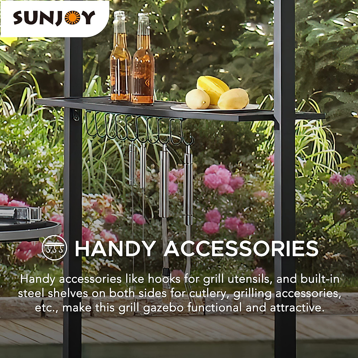 Sunjoy 5 x 8 ft Black Steel Frame Double Tiered Canopy Grill Gazebo for Outdoor, Patio, Garden, and Backyard Activities,Gray and Black