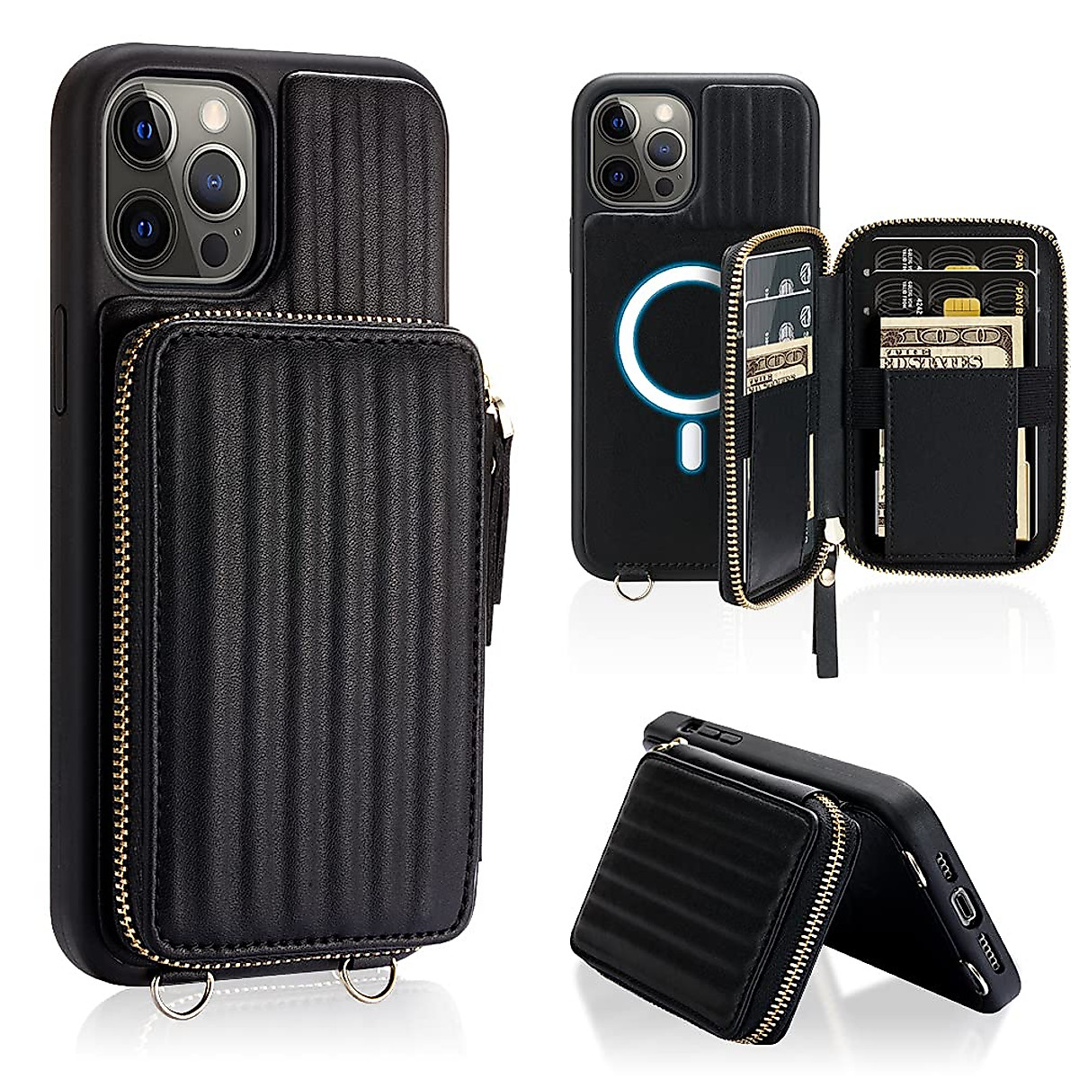 JLFCH for iPhone 12 Pro Max Wallet Case with Crossbody Chain Wrist Strap Card Holder Zipper Purse Compatible with Apple iPhone 12 Pro Max 6.7 inch - Black