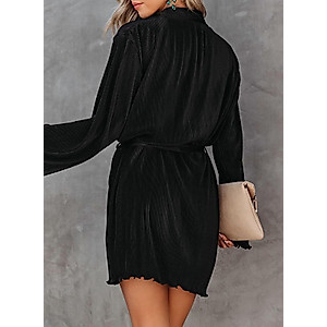 Dokotoo Casual Spring Dresses for Women 2024 Fashion Vintage V Neck Button Down Front Teacher Pleated Swing Long Sleeve A Line Graduation Satin Mini Birthday Sweater Shirt Dress with Belt Black Small