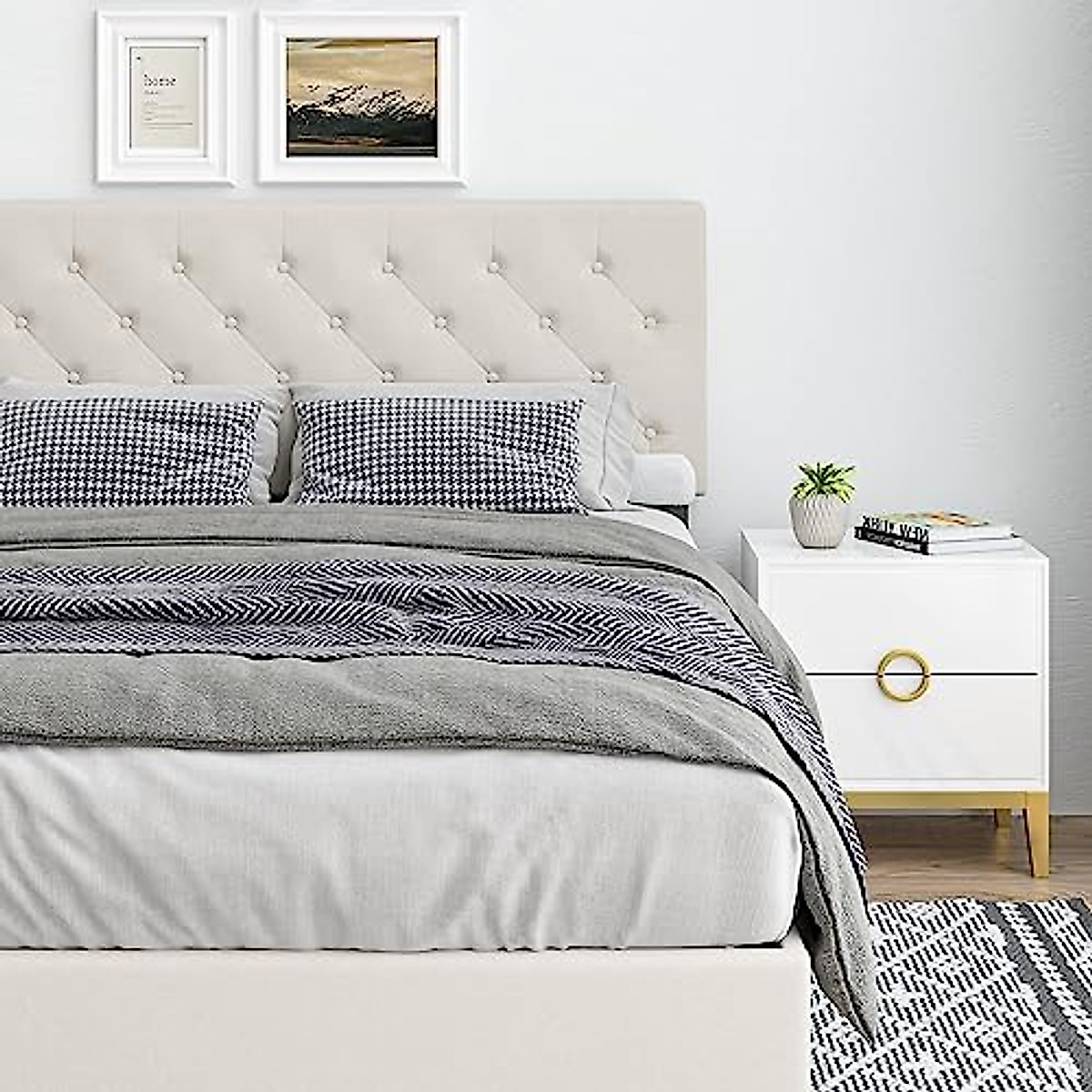 HOMBCK Twin Bed Frame, Upholstered Bed Frane Twin with Button Tufted Headboard, Linen Fabric Modern Bed Frame, Sturdy Wood Slat Support, No Box Spring Needed, Beige