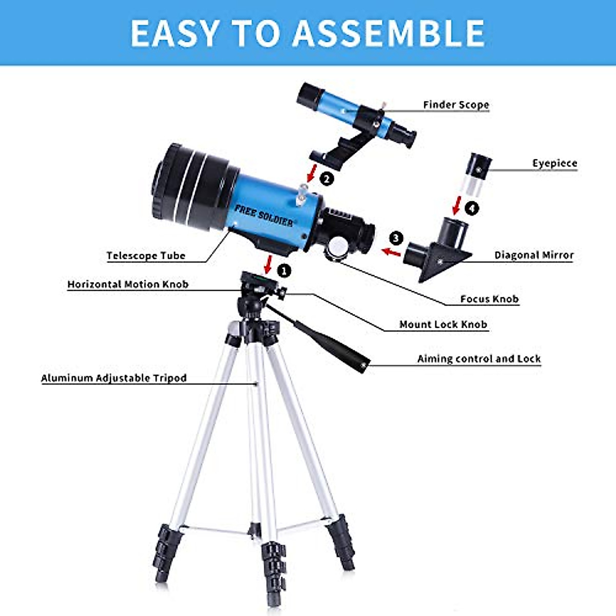 Telescope for Kids Astronomy Beginners - 70mm Aperture Refractor Telescope for Viewing Planets Stars with Adjustable Tripod Phone Adapter Wireless Remote Cool Christmas Astronomy Gifts for Kids, Blue