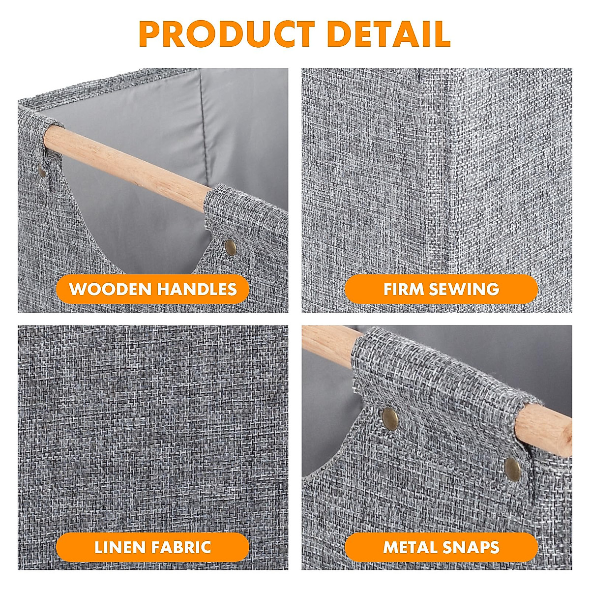 ShellKingdom Large Storage Bins, Foldable Linen Fabric Storage Baskets for Shelves, Cloth Storage Organizer Drawer for Closet Toys Storage with Wooden Handles for Home, Office, 12.59x14.96 inch, Grey