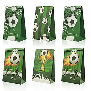 YIPAXEJE 12 Pack Paper Soccer Party Favor Bags - Ideal for Birthday Gift Bags, Snack Bags, and Party Favor Bags for Kids Birthday - Includes 12 Soccer Stickers for Customization