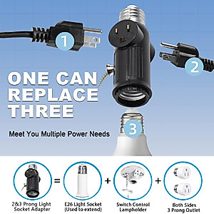 2 PCS Light Socket to Plug Adapter, Both Sides Sockets Support 3 Prong Light Socket Outlet Adapter, Light Bulb Outlet Socket Adapter with Switch Control, E26 E27 Light Bulb Socket Adapter - Black
