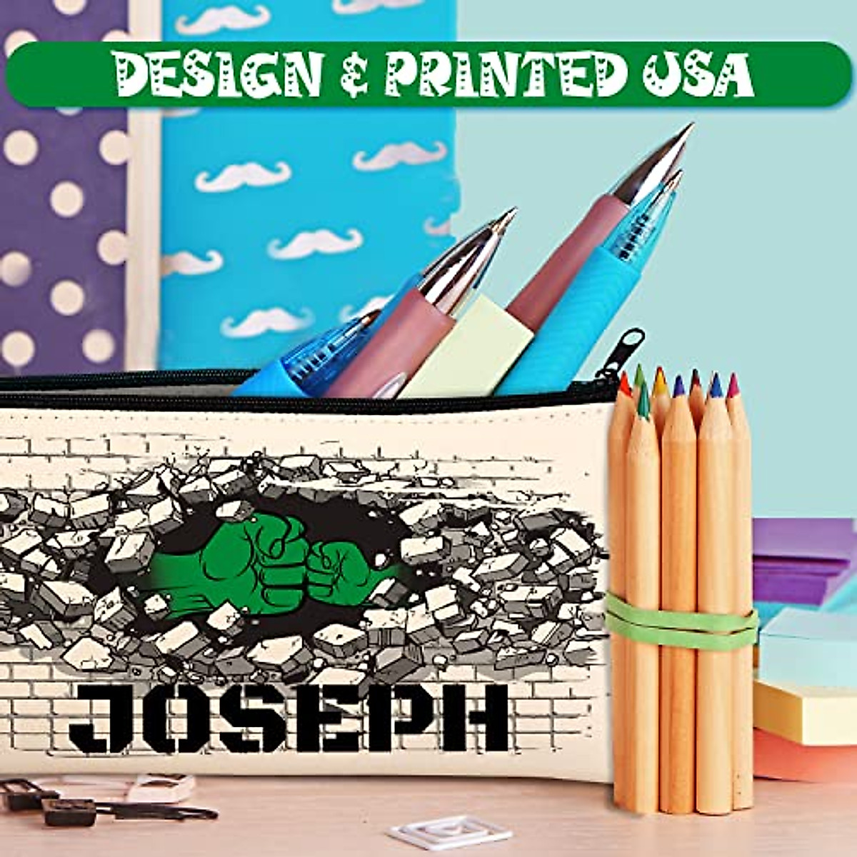 Personalized Super Hero Pencil Case w/Name Students - Custom Superhero Pen Box Birthday Gifts Boys Girls - Customized Canvas Pencils Cases Box - 10''x6'' - Man Pencil Pouch Spider Bat Design C1 Beige