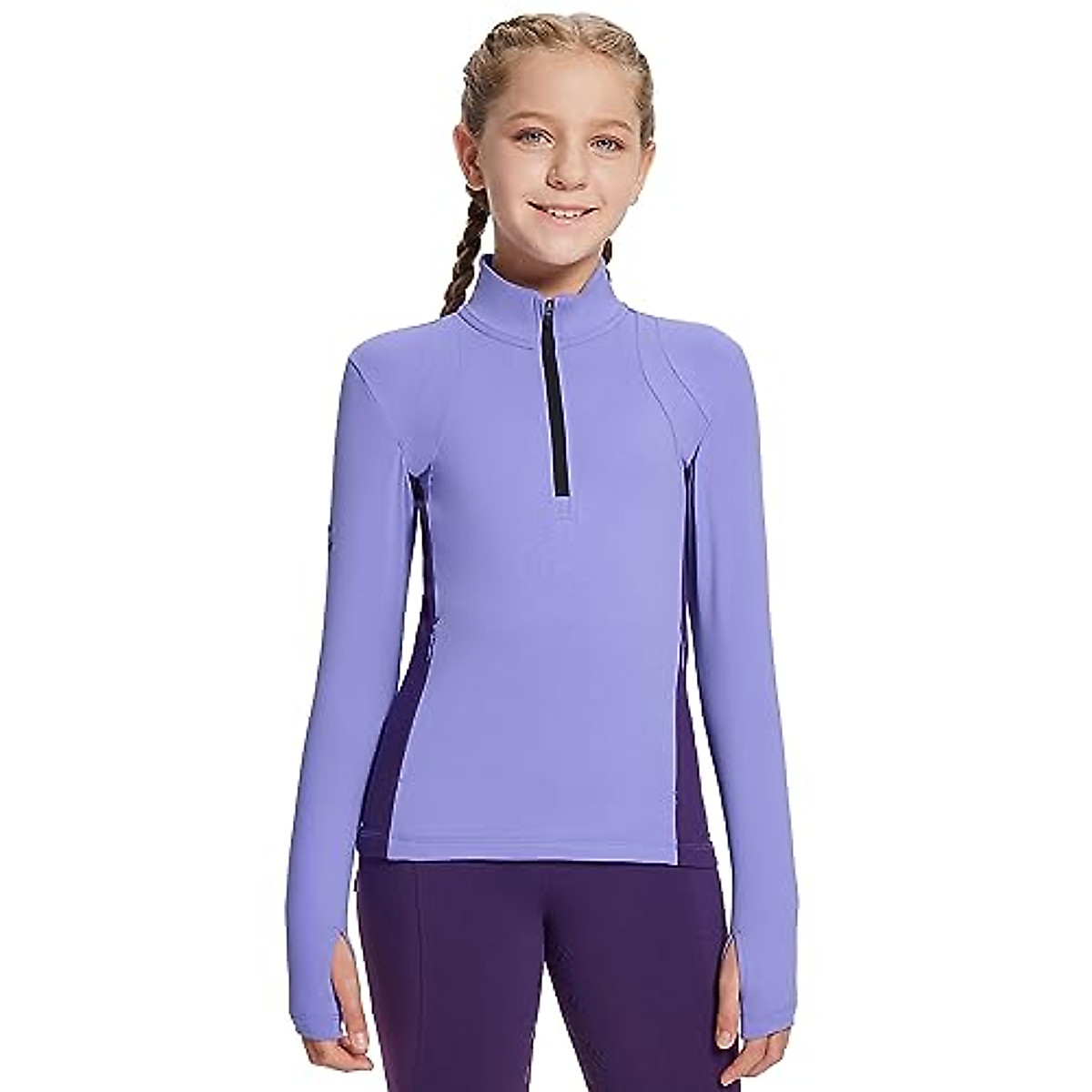 BALEAF Fleece Long Sleeve Shirts, Girls Fall Jacket Half Zip Sweatshirts Horse Riding Camping Thermal Coat Kids Purple M