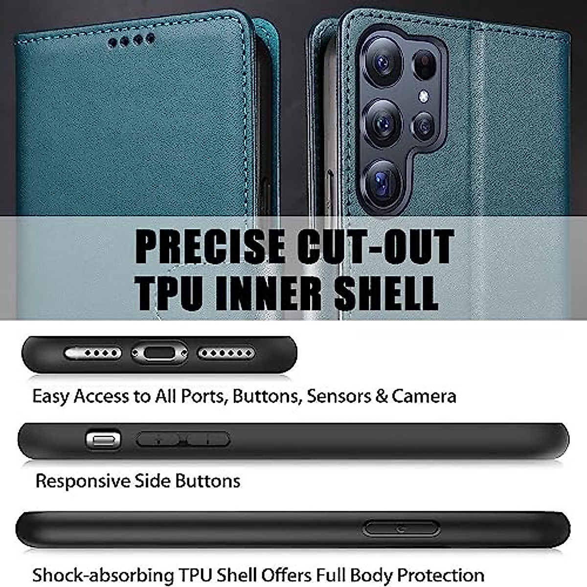 iWEOCO Samsung S23 Ultra Case Wallet Flip Genuine Leather with Anti-Theft RFID Blocking Stand Strong Magnetic Clasp Closure Cash Card Slots Protective Samsung S23 Ultra Case (S23 Ultra, Emerald Green)