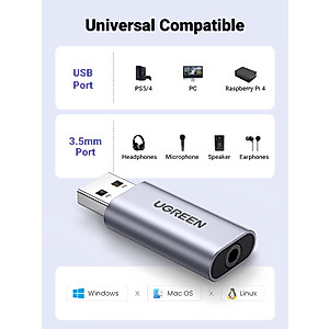 UGREEN USB to Audio Jack USB External Sound Card 3.5mm Audio Adapter 2 in 1 USB A to Aux TRRS Headphone Adapter Microphone Stereo Jack Aluminum Compatible with PS5 PC Windows Mac Linux Laptop Desktop
